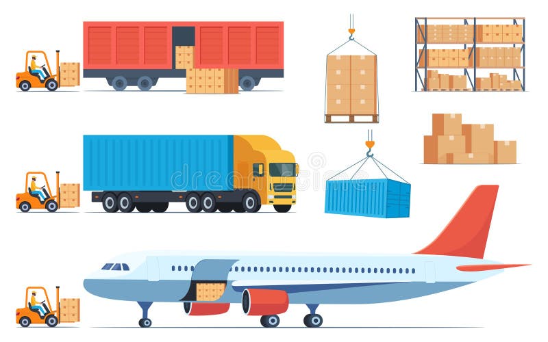 Loading Boxes with Goods into Different Types of Cargo Transport. Cargo ...