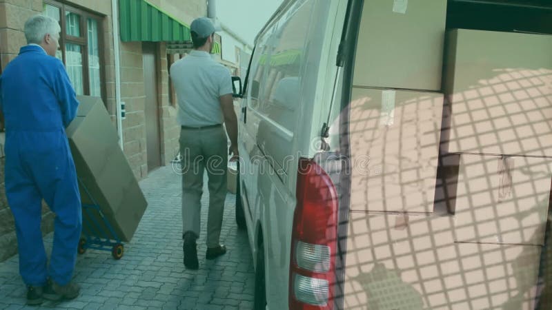 Loading Boxes into Van, Workers Animated Over Grid Pattern Stock ...