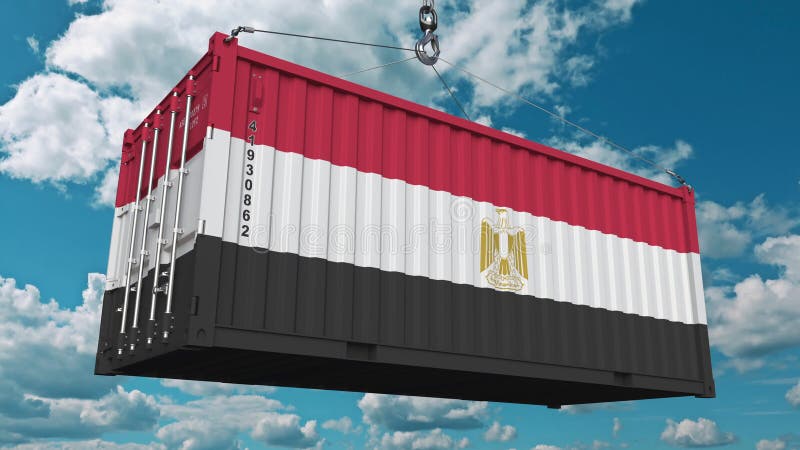 Loading Cargo Container with Flag of Egypt. Egyptian Import or Export ...