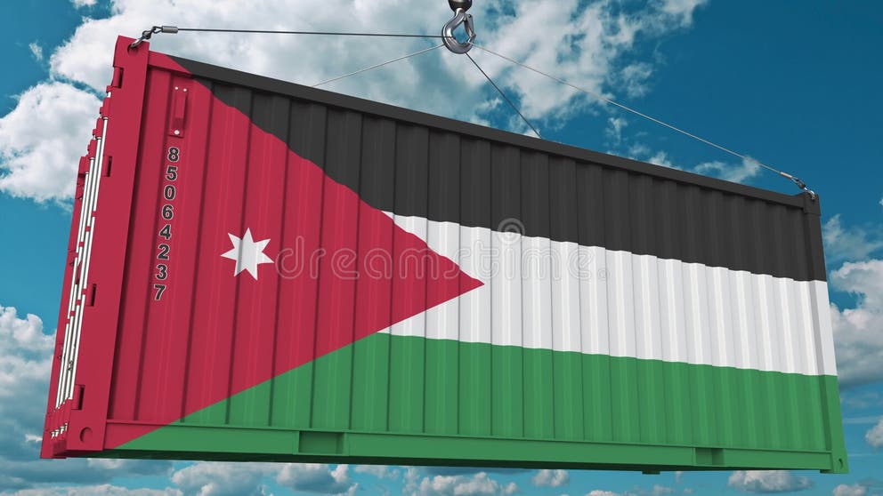 Loading Cargo Container with Flag of Jordan. Jordanian Import or Export Related Conceptual 3D ...