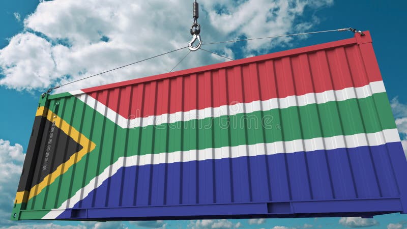 Loading Cargo Container with Flag of South Africa. SAR Import or Export ...