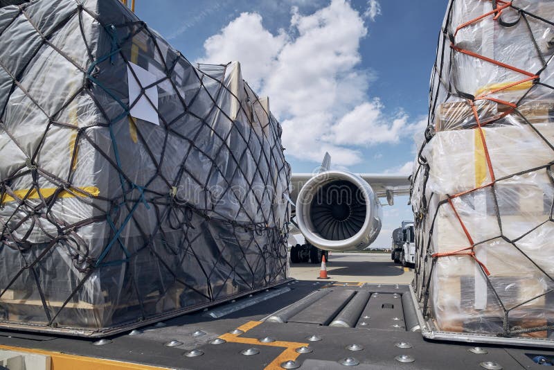 Loading of Cargo Containers To Airplane Stock Image - Image of delivery ...