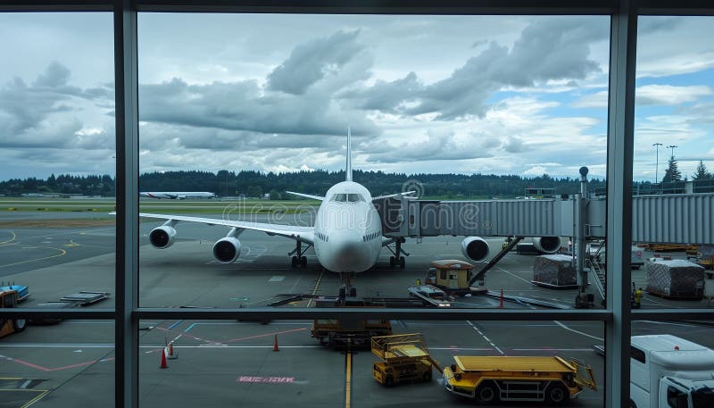 Loading Cargo on the Plane in Airport, View through Window Stock Image ...