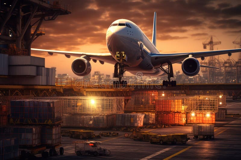 Loading Cargo Plane Outside Air Freight Logistic. Shipping Boxes Ready ...