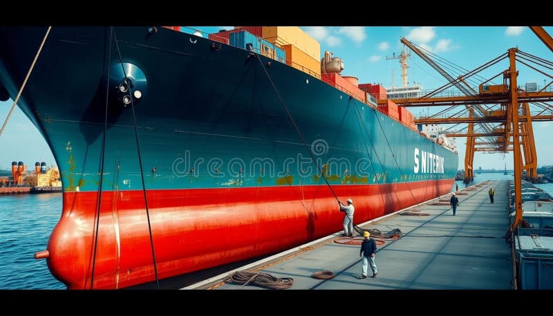 Loading Cargo Ship at Dock with Workers Under Cranes on Sunny Day Stock ...