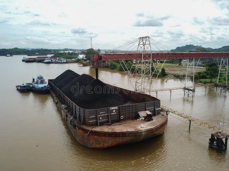 Loading Coal Onto the Barge from the Stock Pile, Aerial View Editorial ...