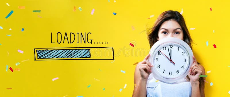 Loading Concept with Young Woman Holding a Clock Stock Image - Image of ...