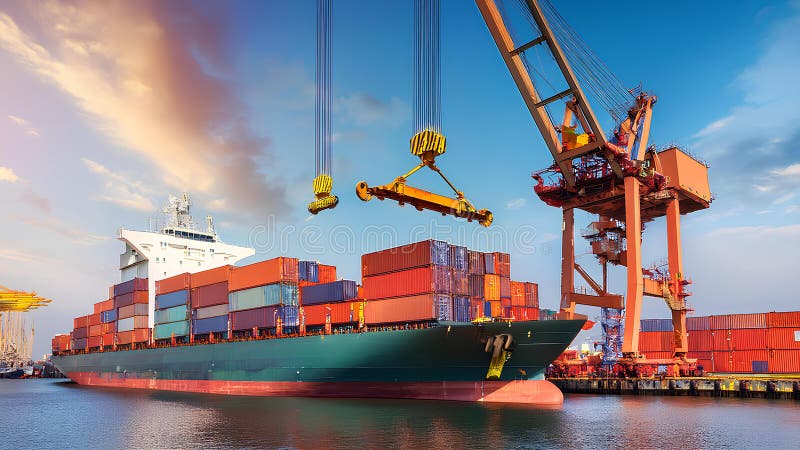 Loading Container into Cargo Ship by Industrial Crane. Crane Lifts ...