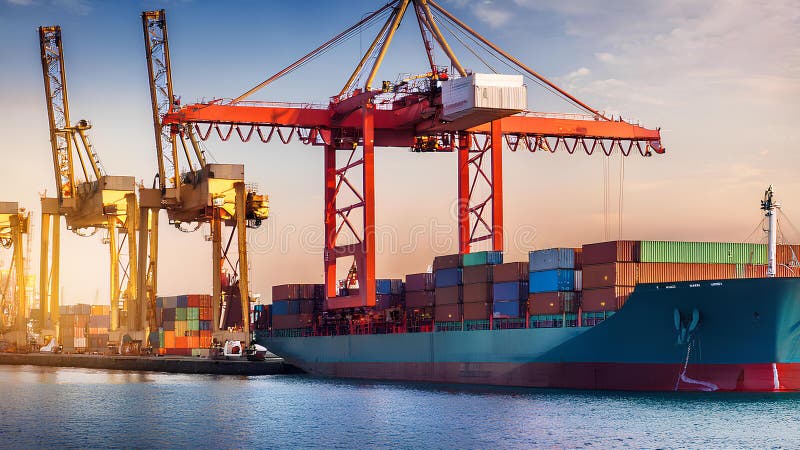 Loading Container into Cargo Ship by Industrial Crane. Crane Lifts ...