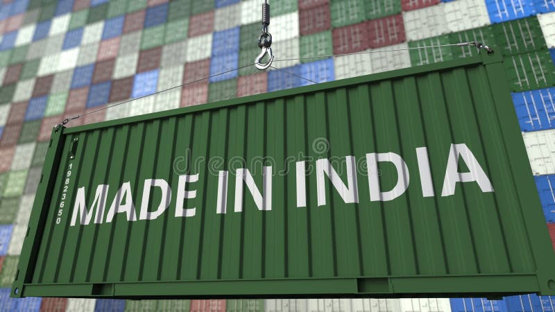 Loading Container with MADE in INDIA Caption. Indian Import or Export ...