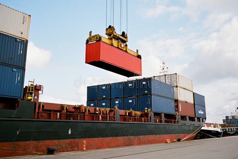 Loading Containers in Cargo Freight Ship with Industrial Crane ...