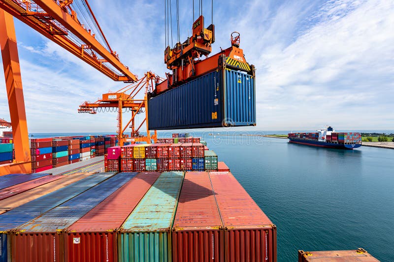 Loading Containers in Cargo Freight Ship with Industrial Crane ...