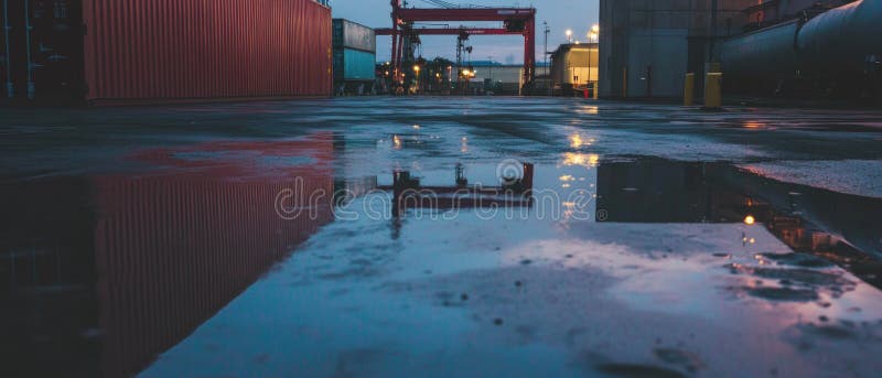 Loading Dock Activity at Dusk with Cranes and Containers Reflecting in ...