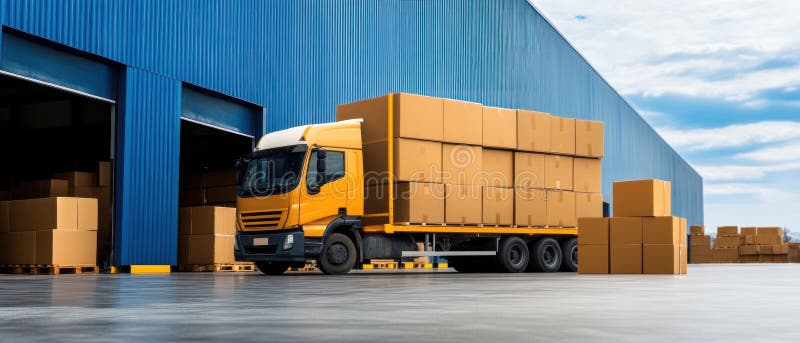 Loading Dock with Delivery Trucks and Cardboard Boxes. Generative Ai ...