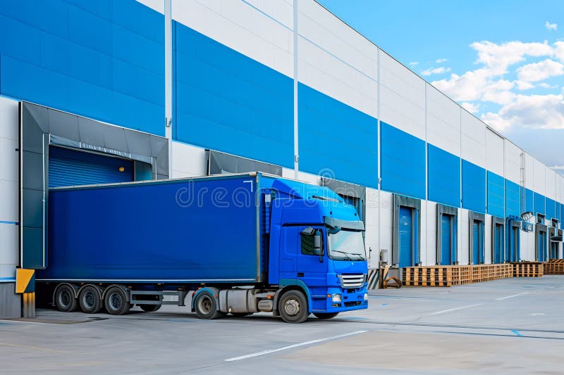 Loading Dock of Large Warehouse with Blue Cabin Truck Under Loading ...