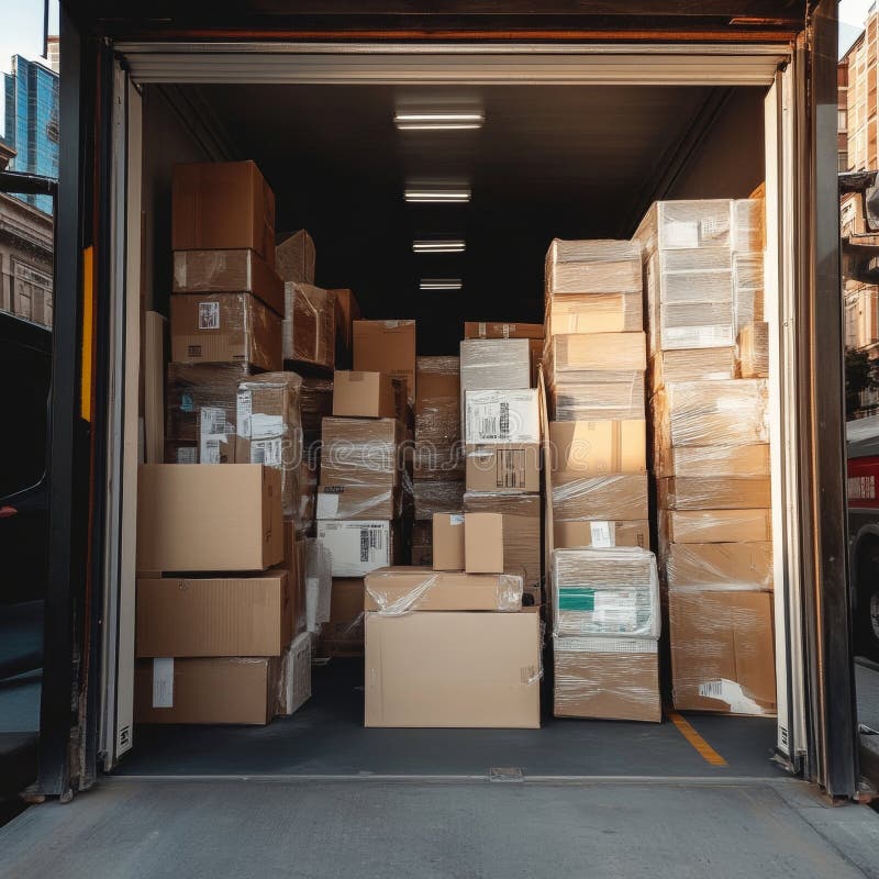 Loading Dock of a Warehouse with Stacked Cardboard Boxes Ready for ...