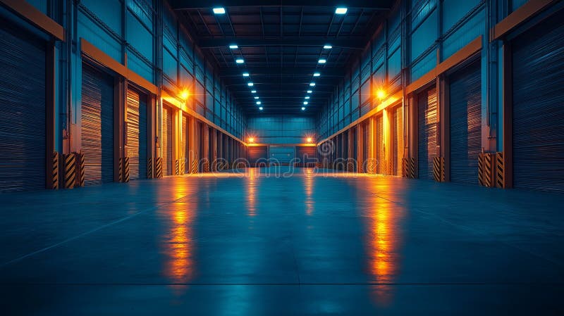 Loading Docks of Industrial Warehouse Building at Night with Orange ...