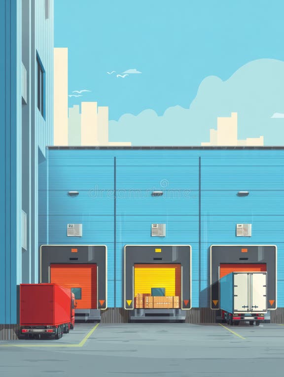 Modern Urban Logistic Hub with Loading Docks and Delivery Trucks in a ...
