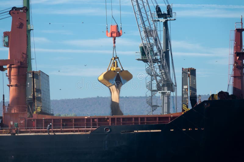 Loading Dry Cargo Ship of Wheat by Cranes in Port. Loading into Holds ...