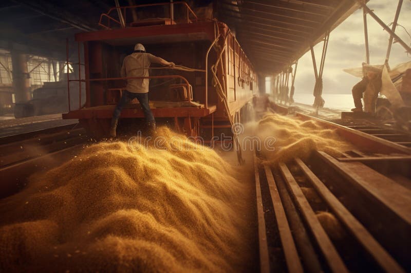 Loading Grain into Holds of Sea Cargo Vessel in Seaport from Silos of ...