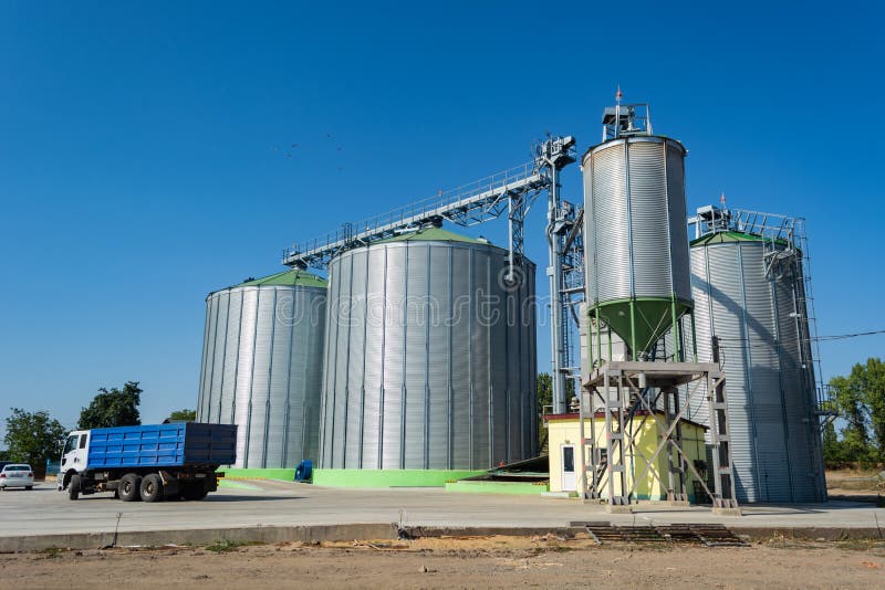 Loading Grain by Trucks Onto the Elevator into Metal Containers Stock ...