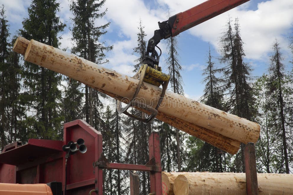 Loading Logs Onto a Logging Truck. Portable Crane on a Logging Truck ...