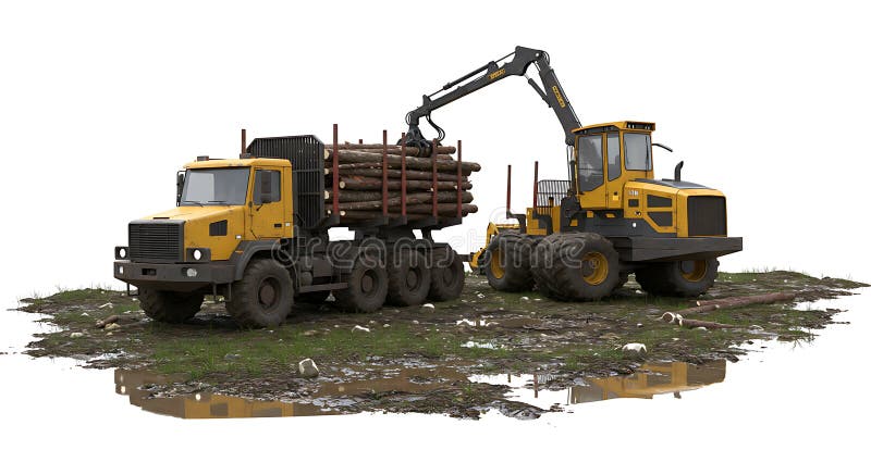 Loading Logs Onto Truck with Crane in Muddy Terrain Stock Image - Image ...