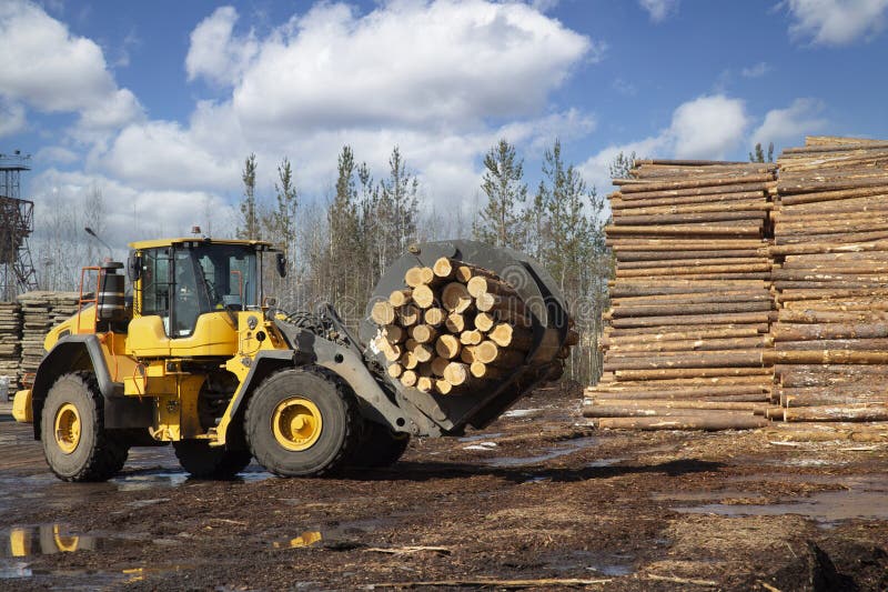 Loading Logs with a Special Loader.Timber Products Warehouse on a ...