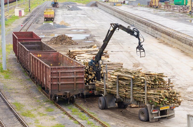 Loading Lumber into Freight Train at Railway Yard during Daytime ...