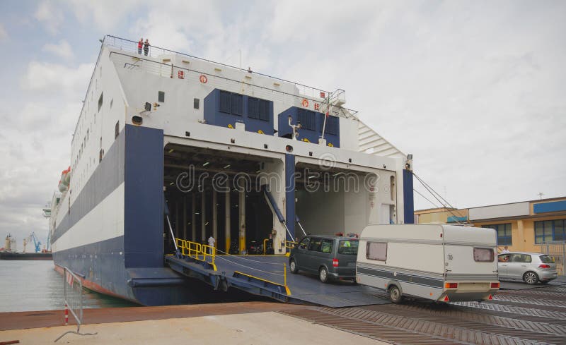 Loading of Minibus with Trailer on Ferry. Ancona, Italy Editorial Photo ...