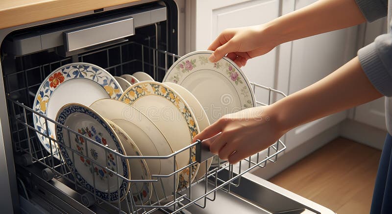 Loading Plates into Dishwasher for Washing in Kitchen Stock Photo ...