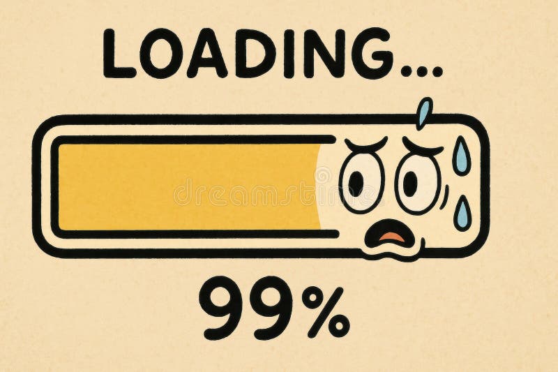 Loading Progress Bar at 99 Percent with a Worried Expression and Sweat ...