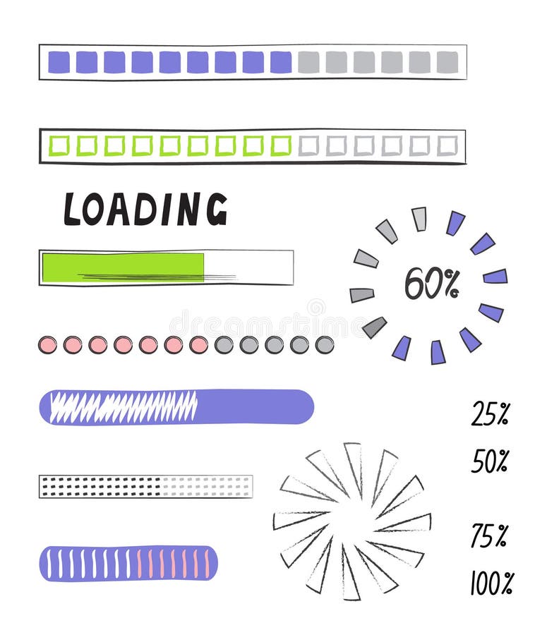 Loading Progress Bar Vector Style in Doodle Style. Updated Progress Circle Bar Icons. Loader ...