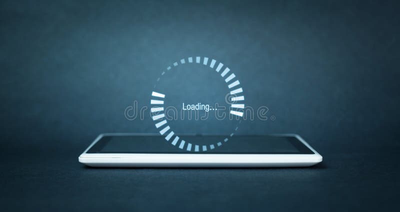Loading sign with tablet. stock image. Image of blue - 113299891