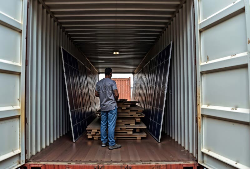 Man Loads Solar Panels into Container, Generative Ai Stock Illustration ...