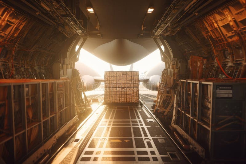 Loading Transport Aircraft in the Hangar of Cargo Terminal. Inside View ...