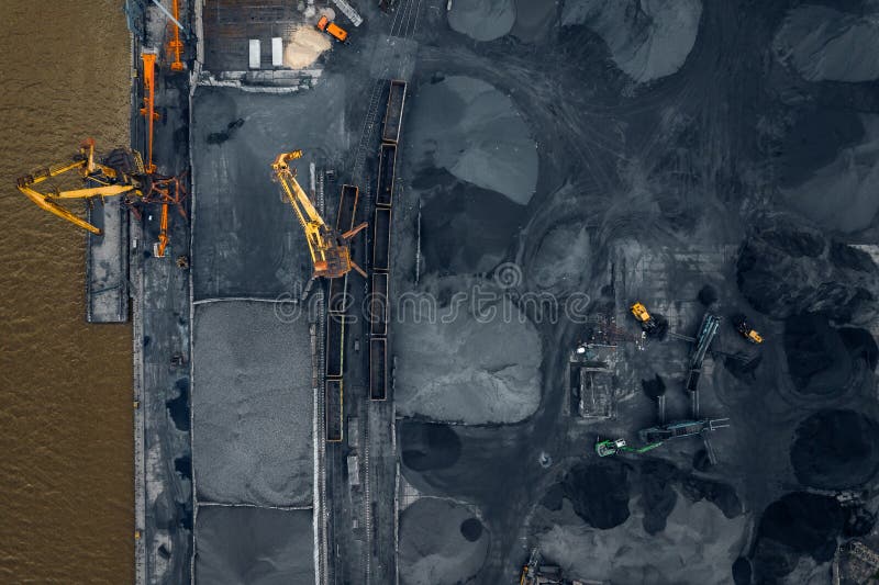 Loading and Unloading Coal on Ship Terminal Sea Cargo Port, Industrial ...