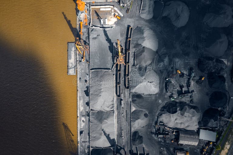 Loading and Unloading Coal on Ship Terminal Sea Cargo Port, Industrial ...