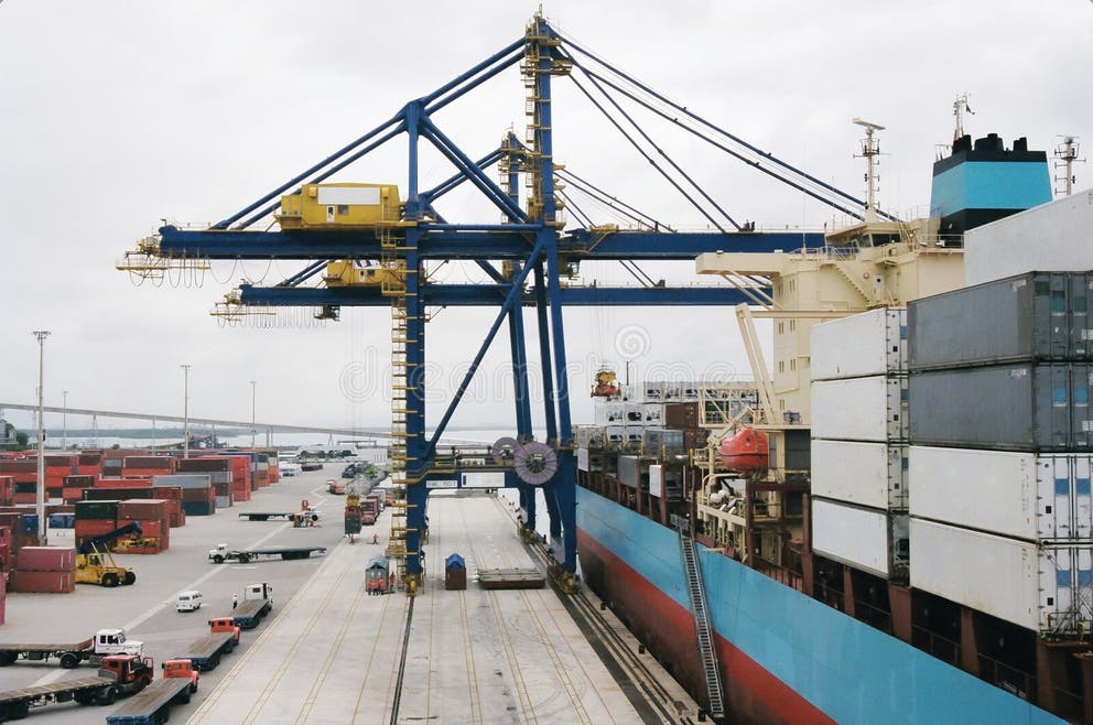 Container Ship Working with Hundreds of Containers of Goods. Stock ...