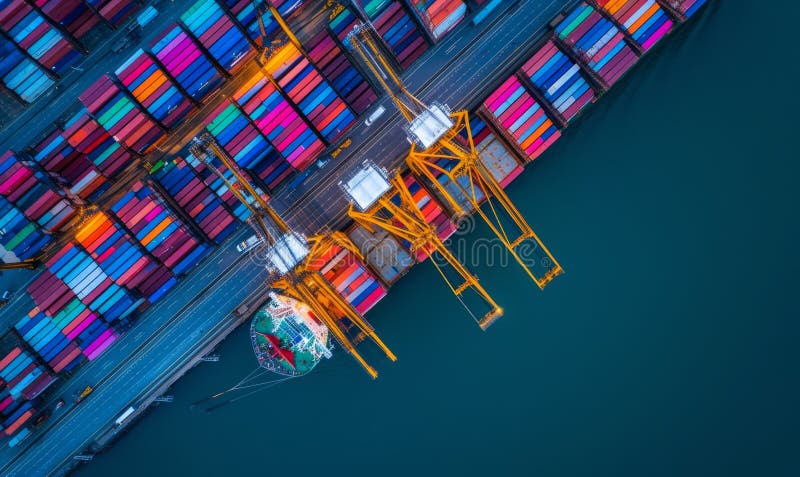 Loading and Unloading Container Ships at a Port, Aerial View Stock ...