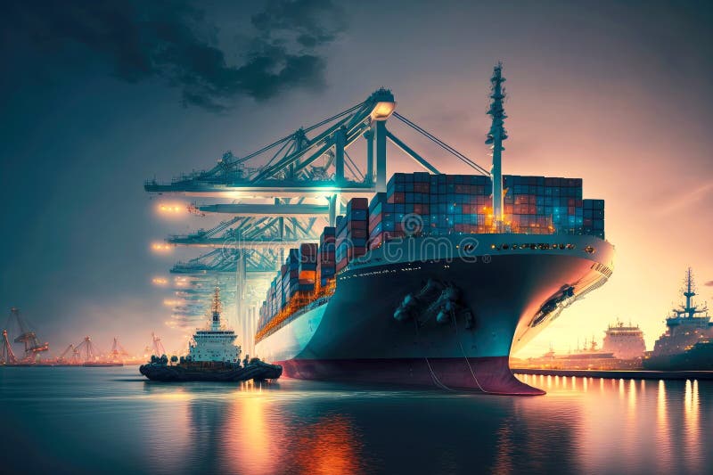 Loading and Unloading of Ships in Seaport in Evening, Global Business ...