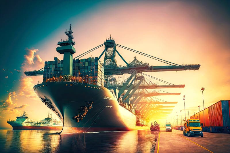 Loading and Unloading of Ships in Seaport in Evening, Global Business ...