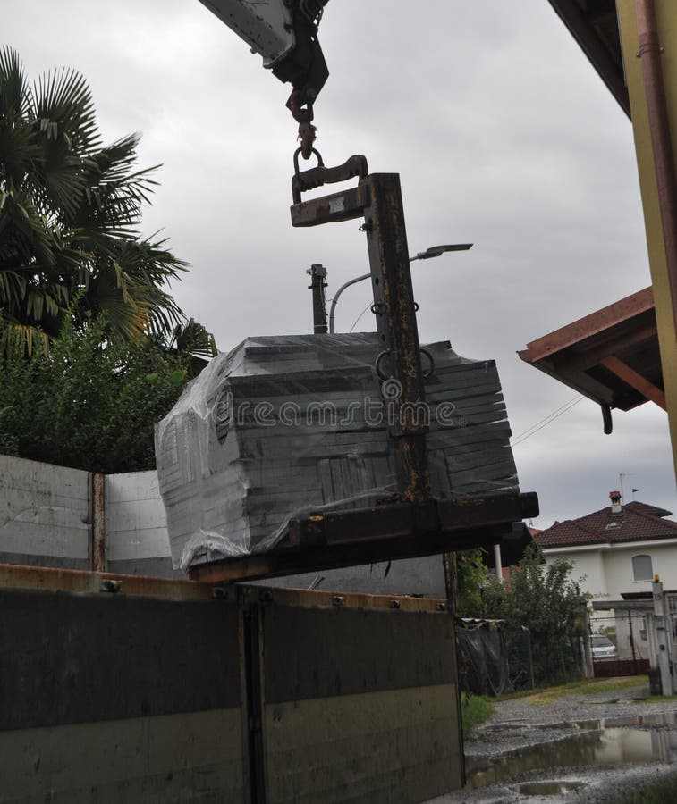 Loading or Unloading of Stone Tiles Stock Photo - Image of sidewalk ...