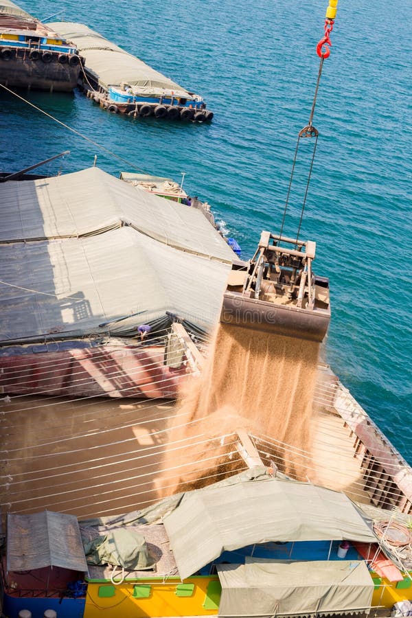 Loading Wheat on Cargo Ship with Crane and Bucket. Shipment from a ...