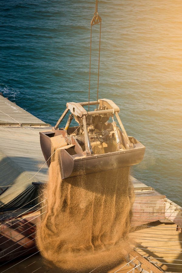 Loading Wheat on Cargo Ship with Crane and Bucket. Shipment from a ...