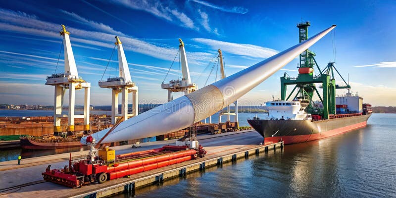 Loading Wind Generator Blades Using a Crane Onto a Cargo Ship at a ...