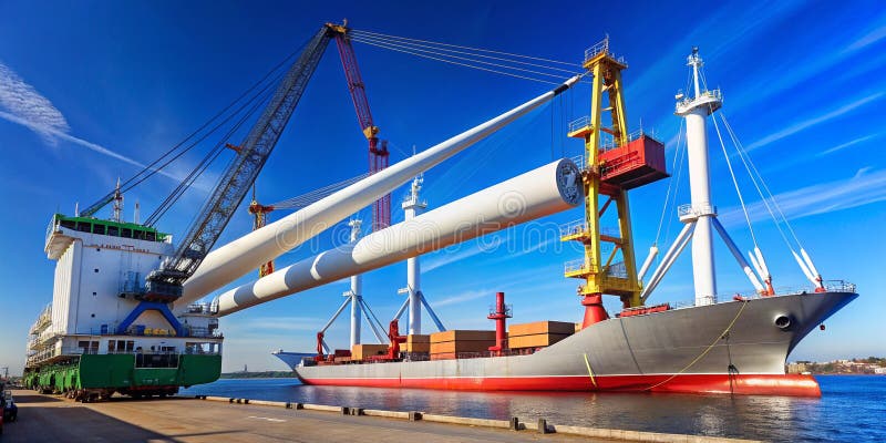 Loading Wind Generator Blades Using a Crane Onto a Cargo Ship at a ...