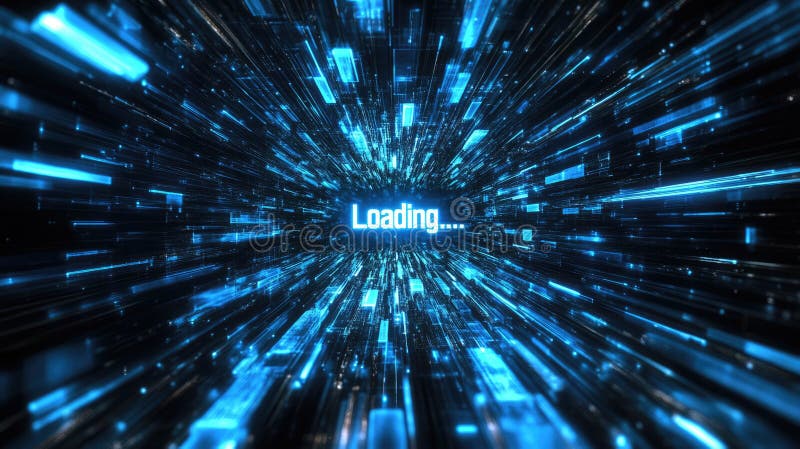 Loading Word on Black Digital Tech Background. Blue Lines on Monitor ...