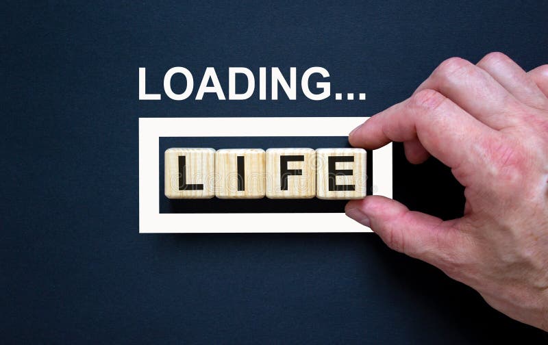 Loading Word `life` with Hand Putting Wood Cube in Progress Bar ...