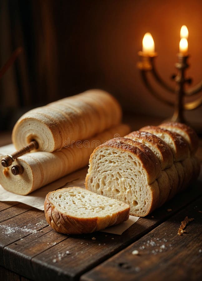 A Loaf of Braided Challah Bread and an Opened Torah Scroll with Candles ...